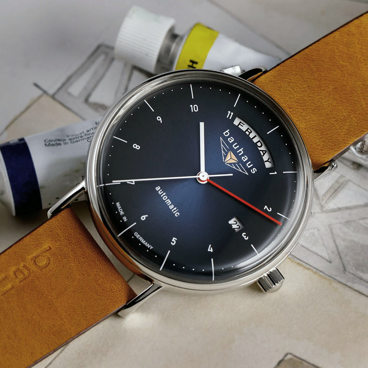 BAUHAUS AUTOMATIC WATCH WITH DAY OF THE WEEK DISPLAY AND LEATHER STRAP ...